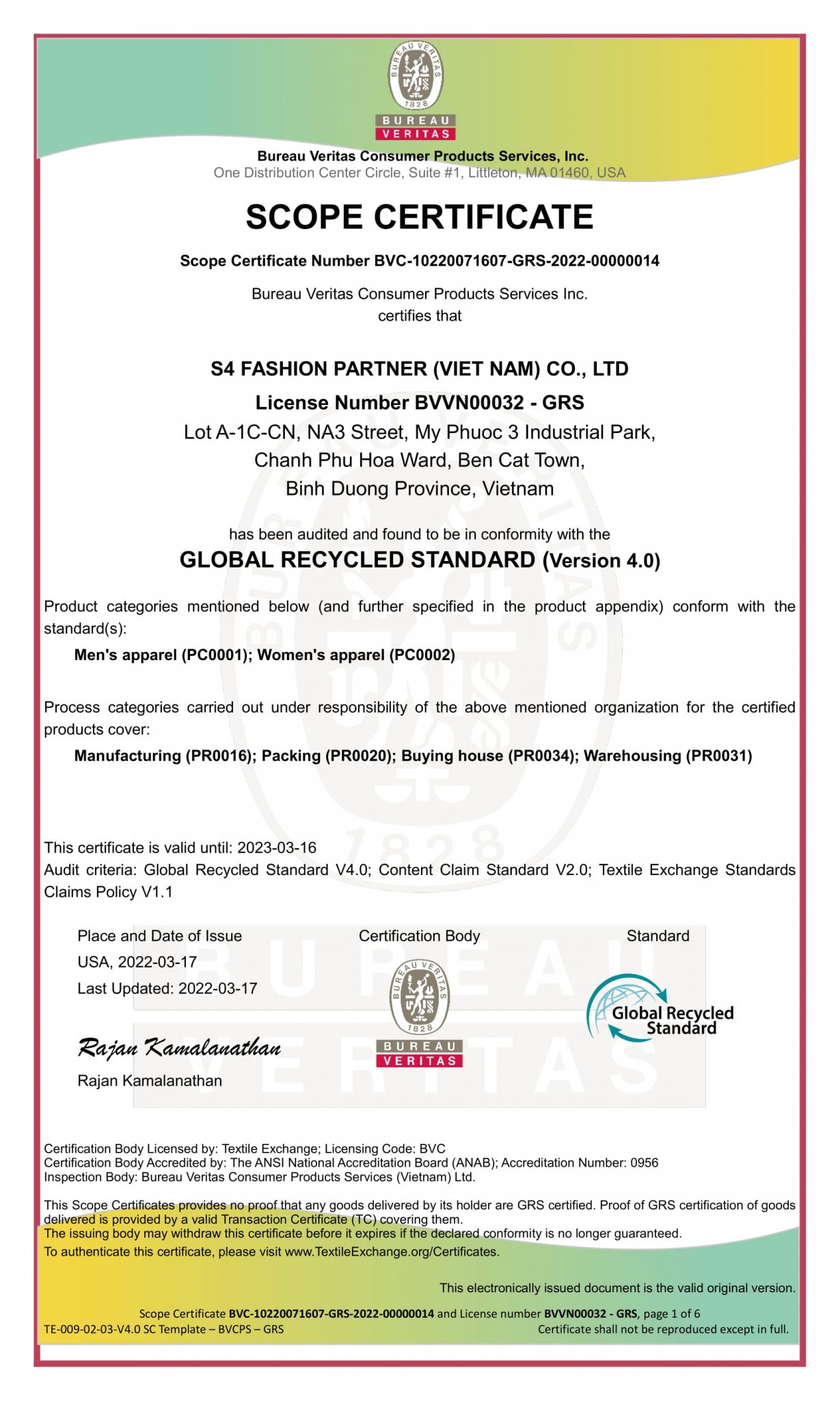 Scope Certificate_GRS4.0_S4 FASHION PARTNER (VIET NAM) CO., LTD
